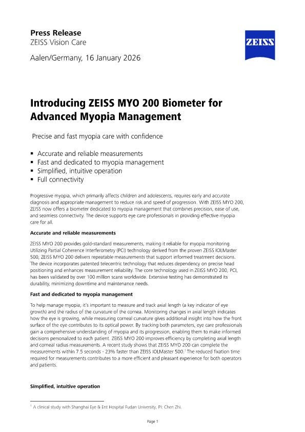 ZEISS Vision Care Introduces ZEISS MYO 200 Biometer for Advanced Myopia ...